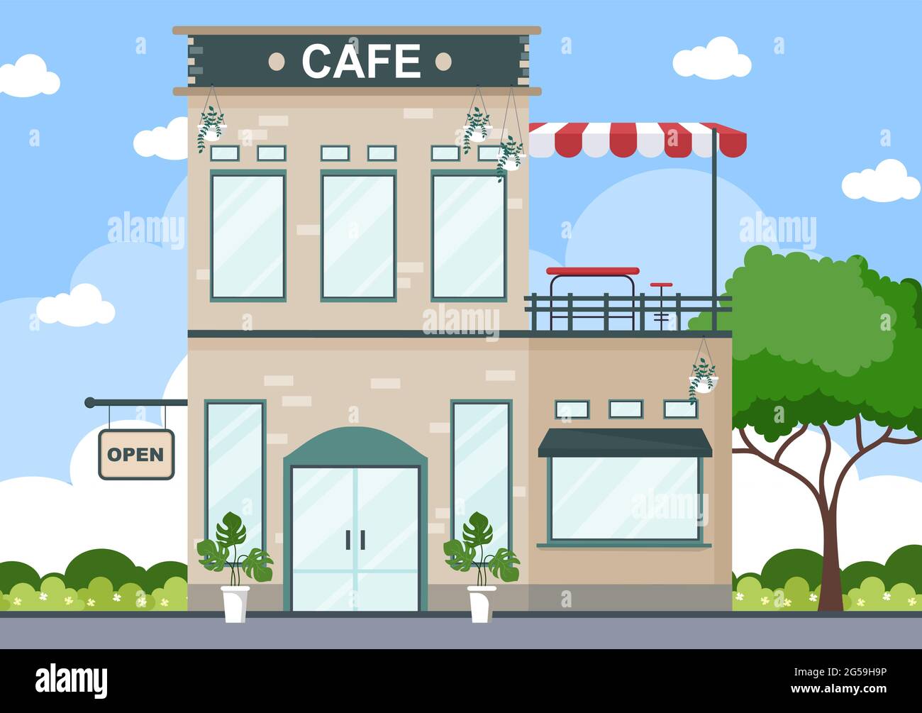 Cafe Illustration With Open Board, Tree, And Building Shop Exterior ...
