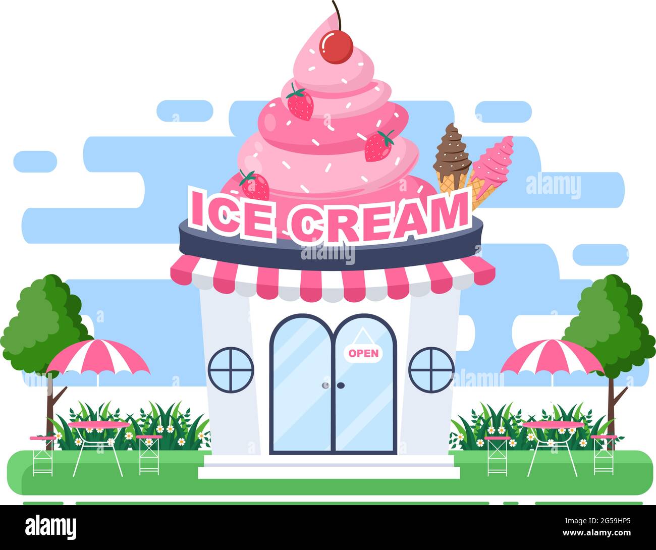 Ice Cream Shop Illustration With Open Board, Tree, And Building Store ...