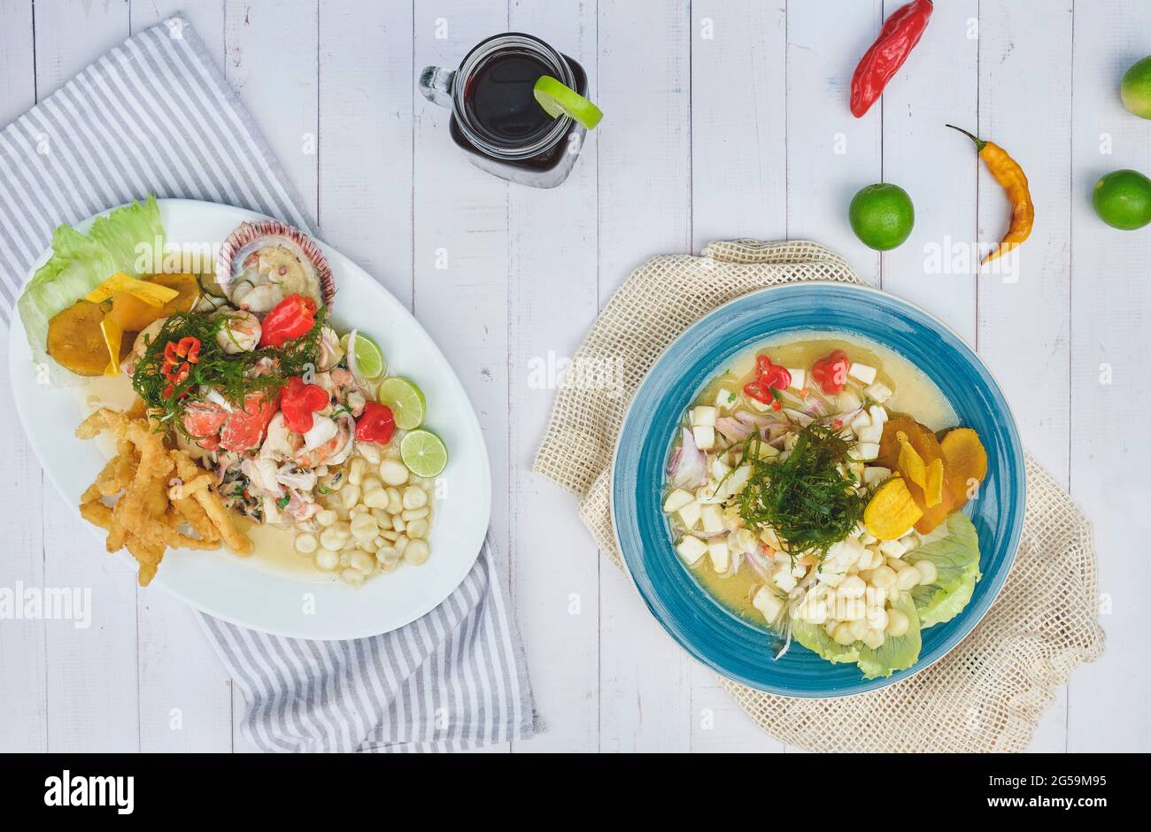 Typical Peruvian food, squid ceviche, shrimp, crab and white fish with ...