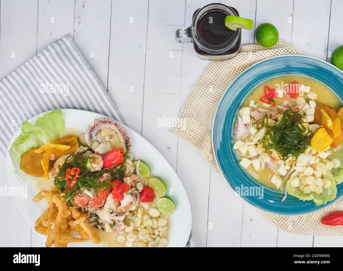 Typical Peruvian food, squid ceviche, shrimp, crab and white fish with ...