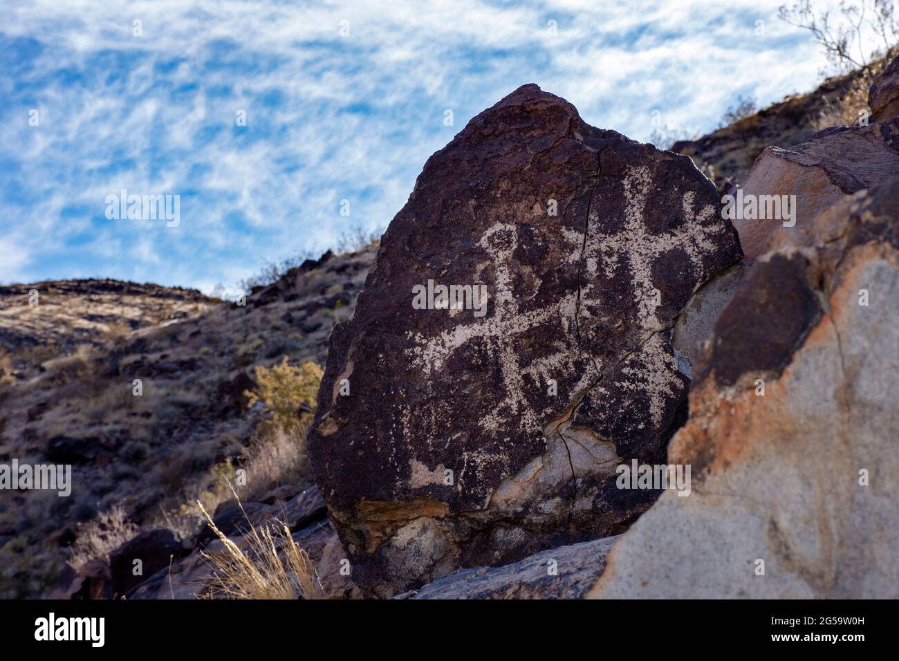 Ancient petroglyphs near Las Vegas, Nevada. Old rock drawings preserved ...