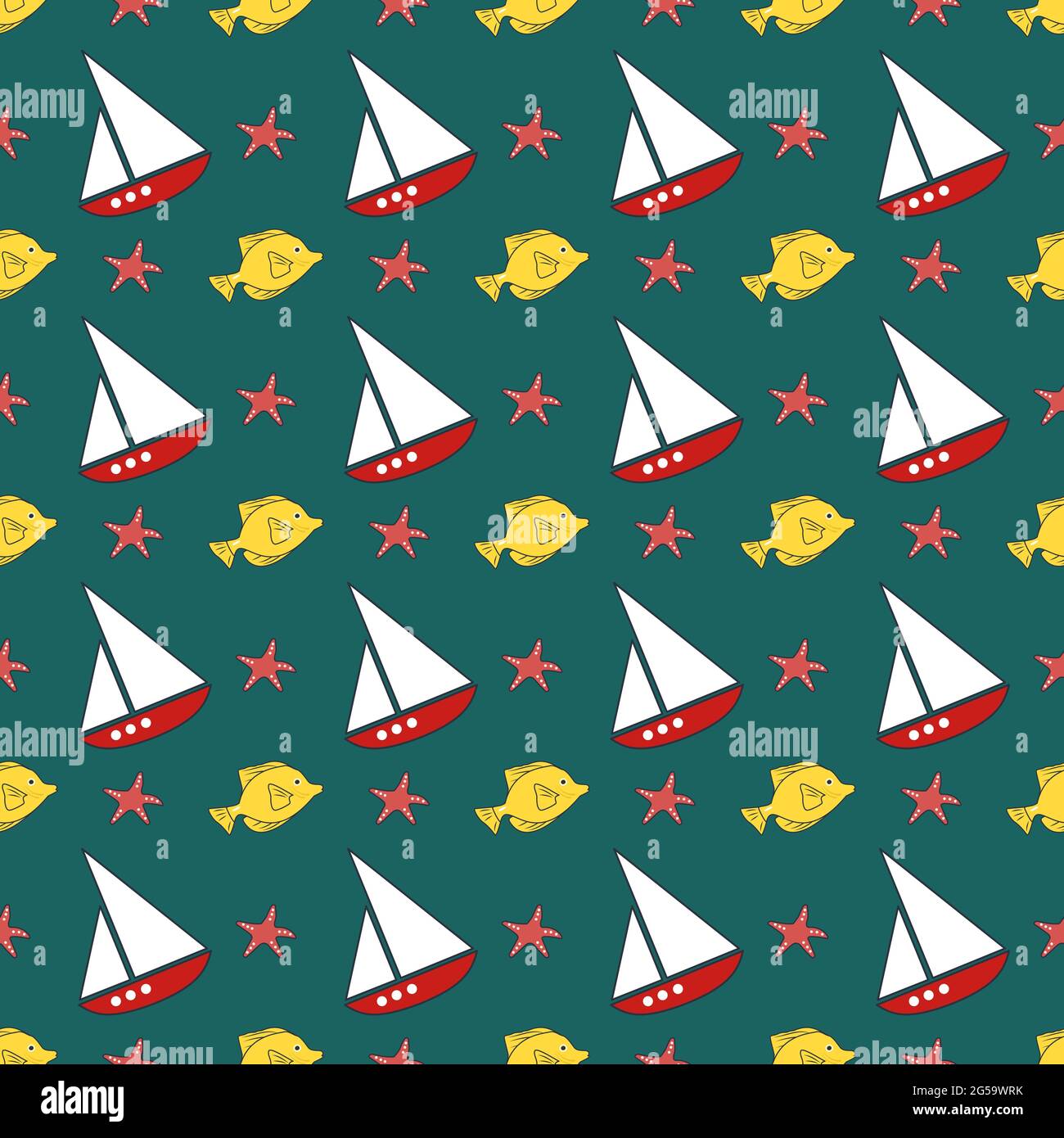 Summer sea pattern with ships, fish and starfish on a blue background ...