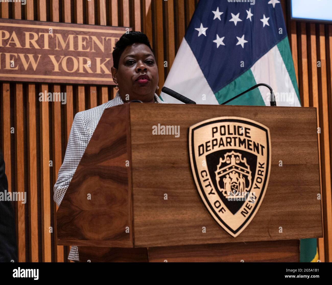 New York, NY - June 25, 2021: Bronx District Attorney Darcel Clark speaks at NYPD briefing ...