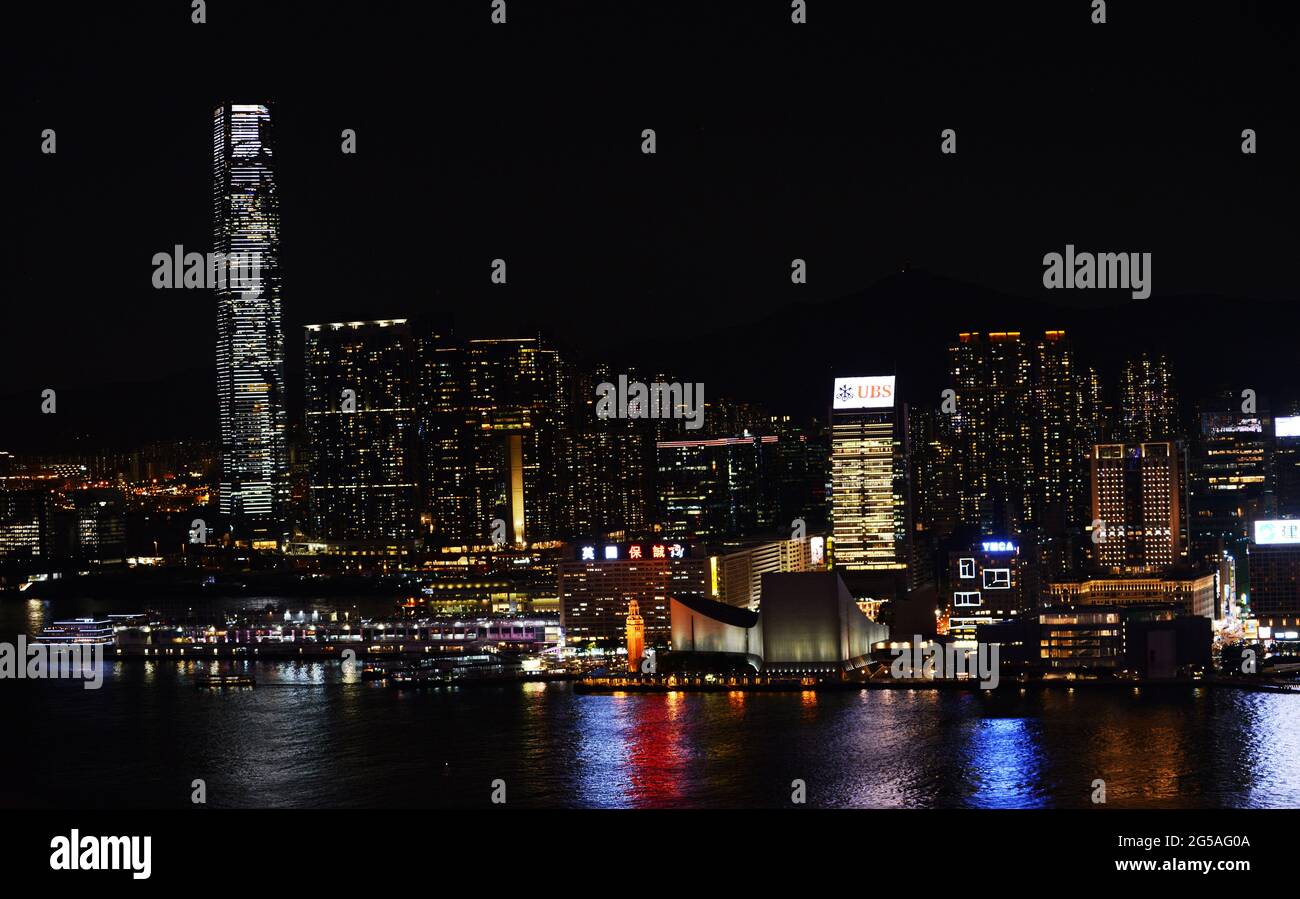 Illuminated ICC Tower in Hong Kong Stock Photo - Alamy