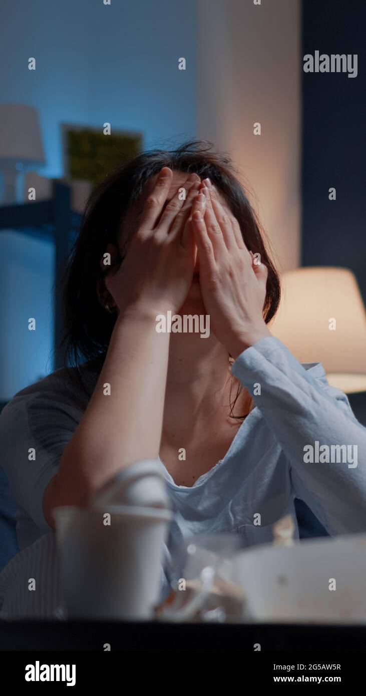 Sad depressed woman feeling headache fatigue loneliness, upset tired ...