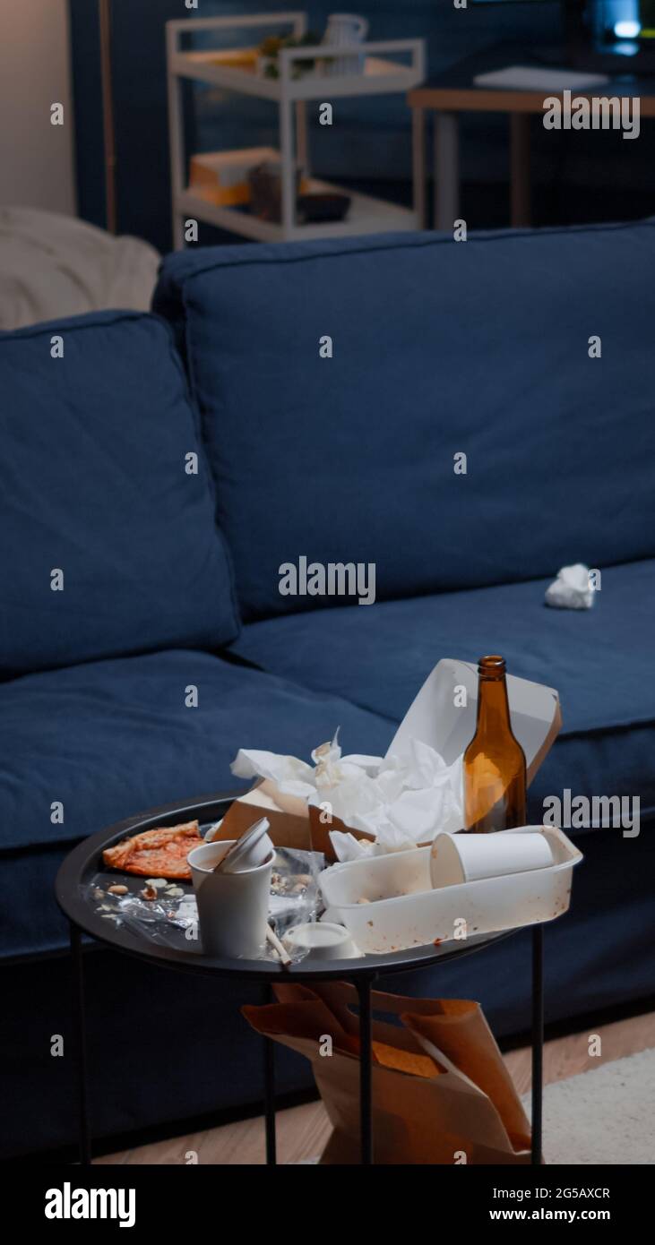 Leftover of pizza empty beer bottles and napkins on table in messy ...