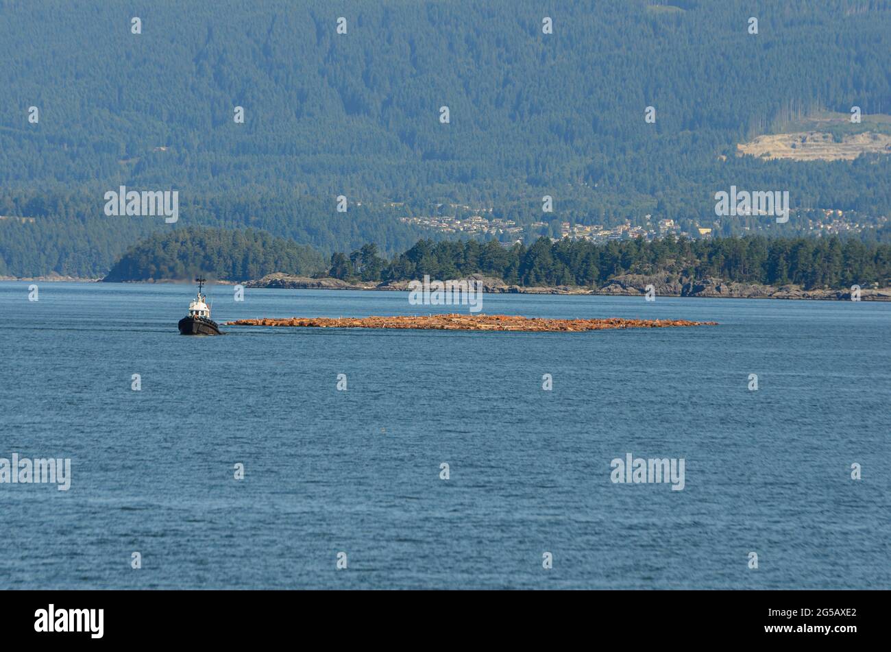 Tug boat transporting timber raft for processing Stock Photo - Alamy