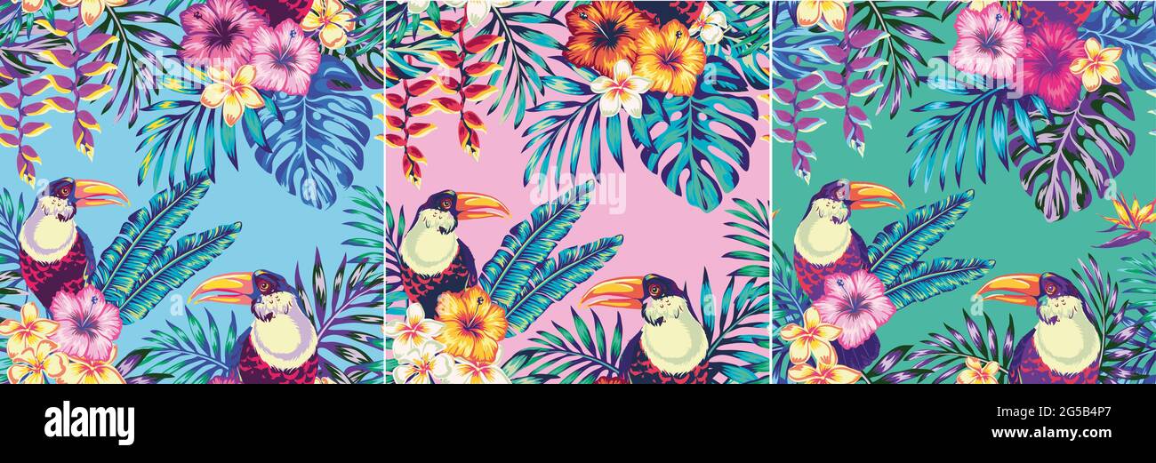 Set tropical bird toucan and multicolor parrot on the background of ...