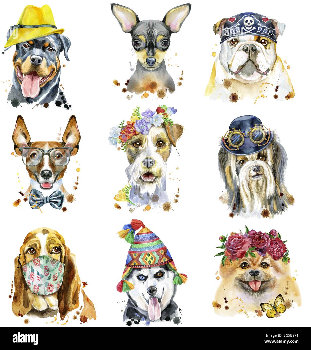 Cute set of watercolor portraits of dogs. For t-shirt graphics ...