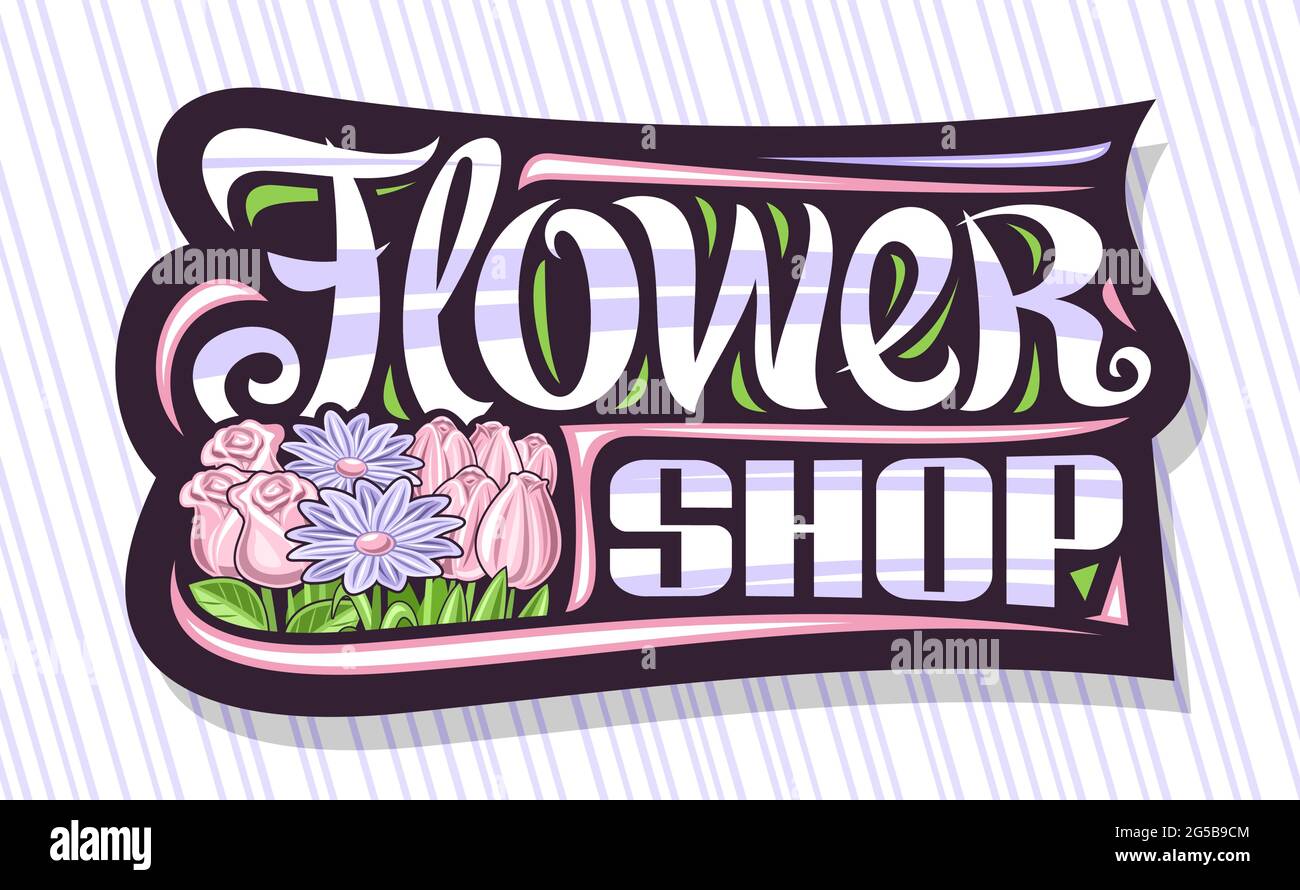 Vector logo for Flower Shop, dark decorative sign board with ...