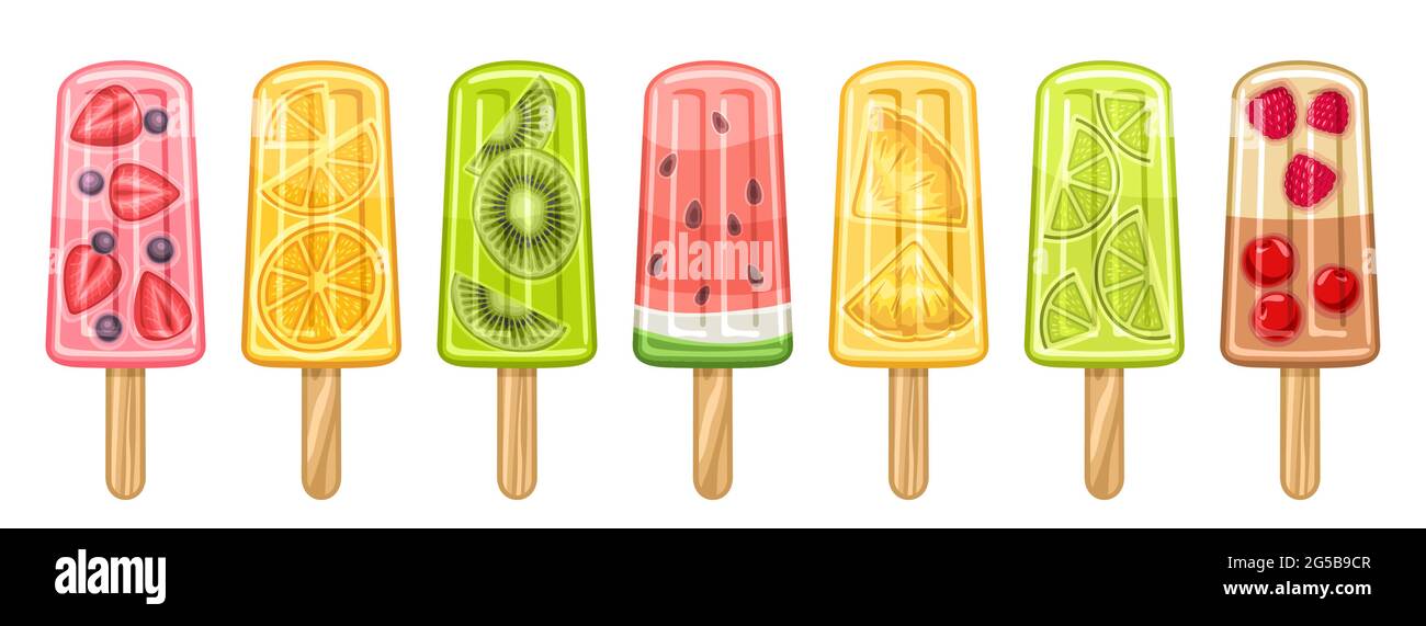 Vector set of Fruit Popsicle, lot collection of 7 cut out illustrations ...