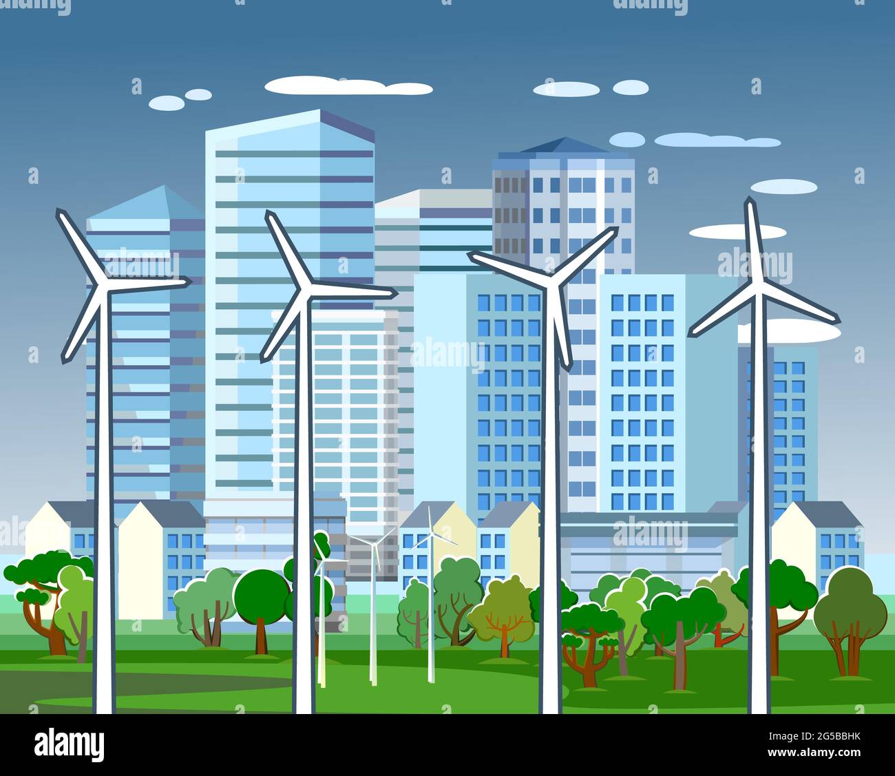 Wind power generator. Urban comfortable environment. Cartoon flat style ...