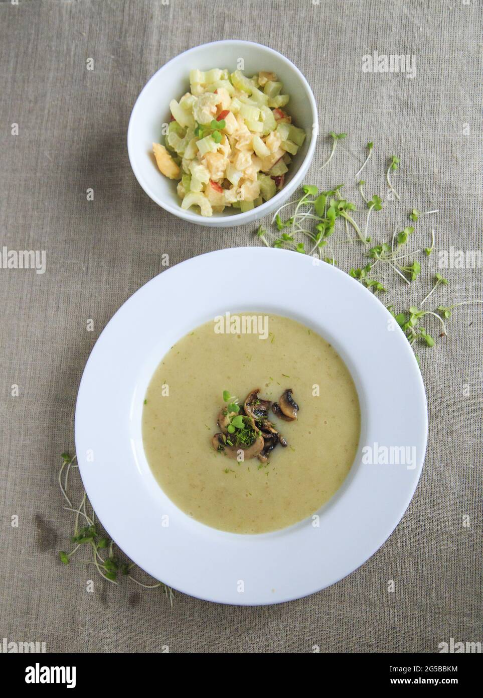 Vertical top view of a mushroom puree soup Stock Photo - Alamy