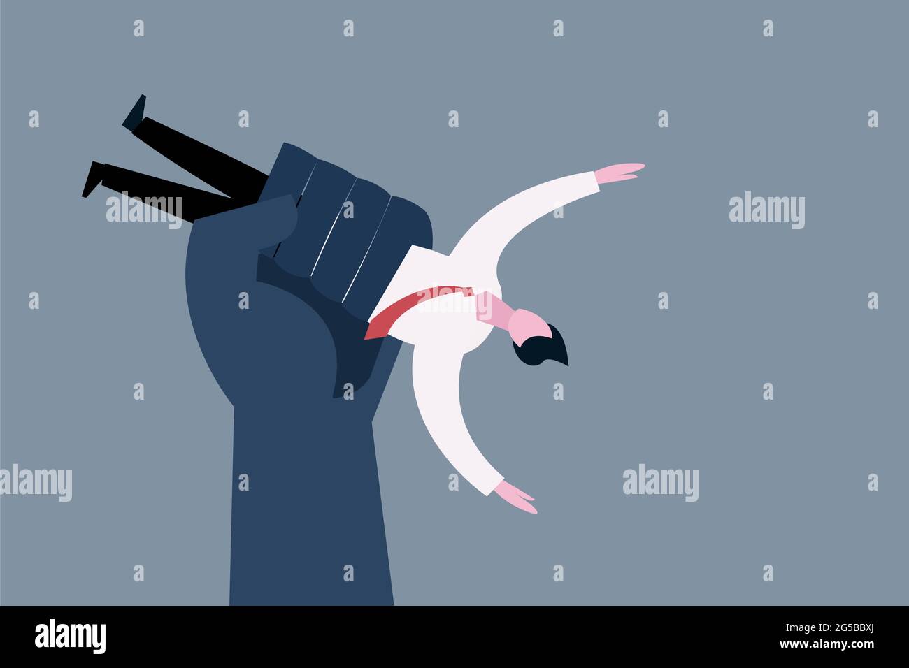 Conceptual illustration of a big dark hand holding a businessman upside ...