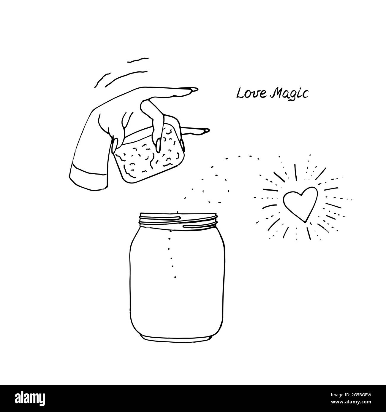 Line art illustration of hand mason jar. Lettering text love magic ...