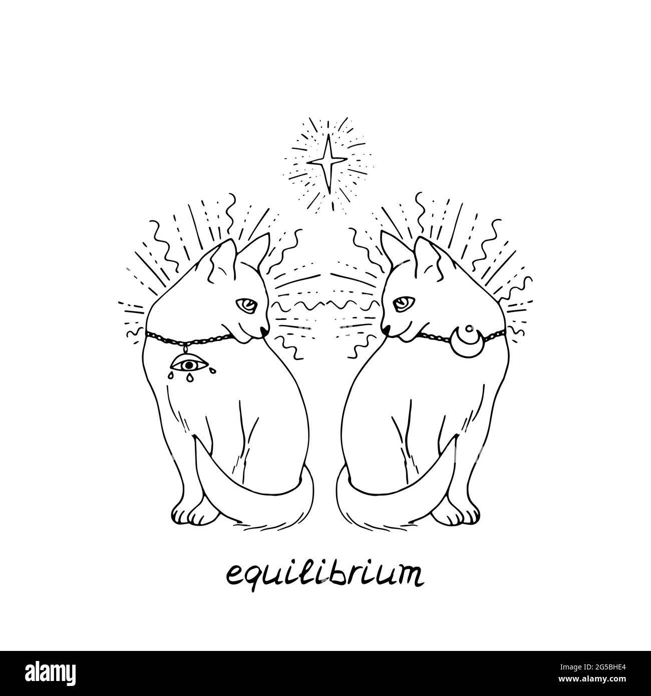 Monochrome line art illustration of hand drawn two mystical cats. Witch ...