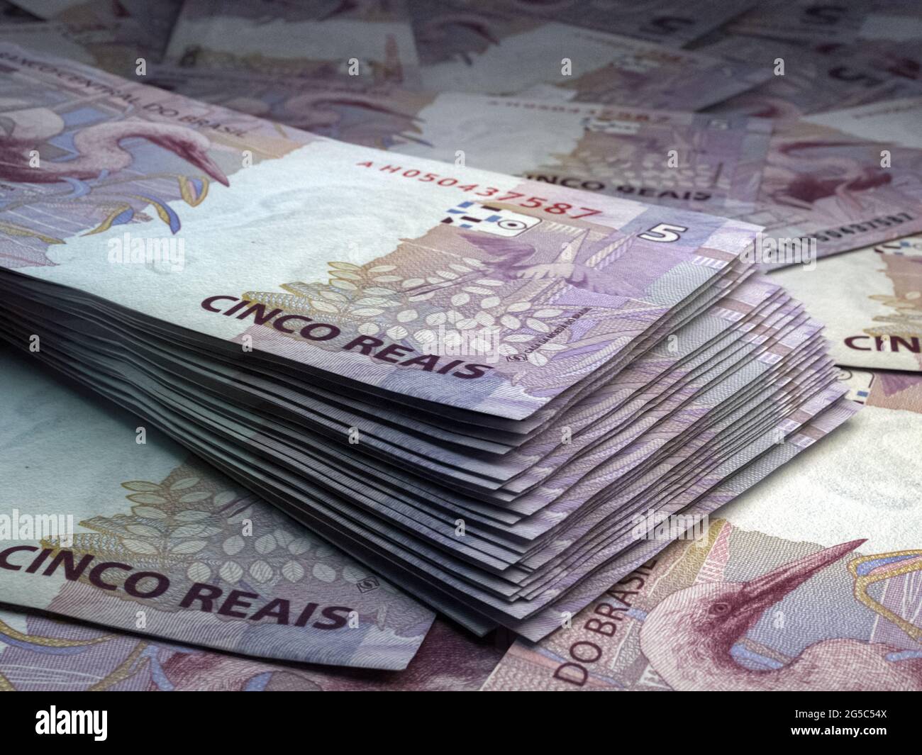 Money of Brazil. Brazilian real bills. BRL banknotes. 5 reals. Business ...