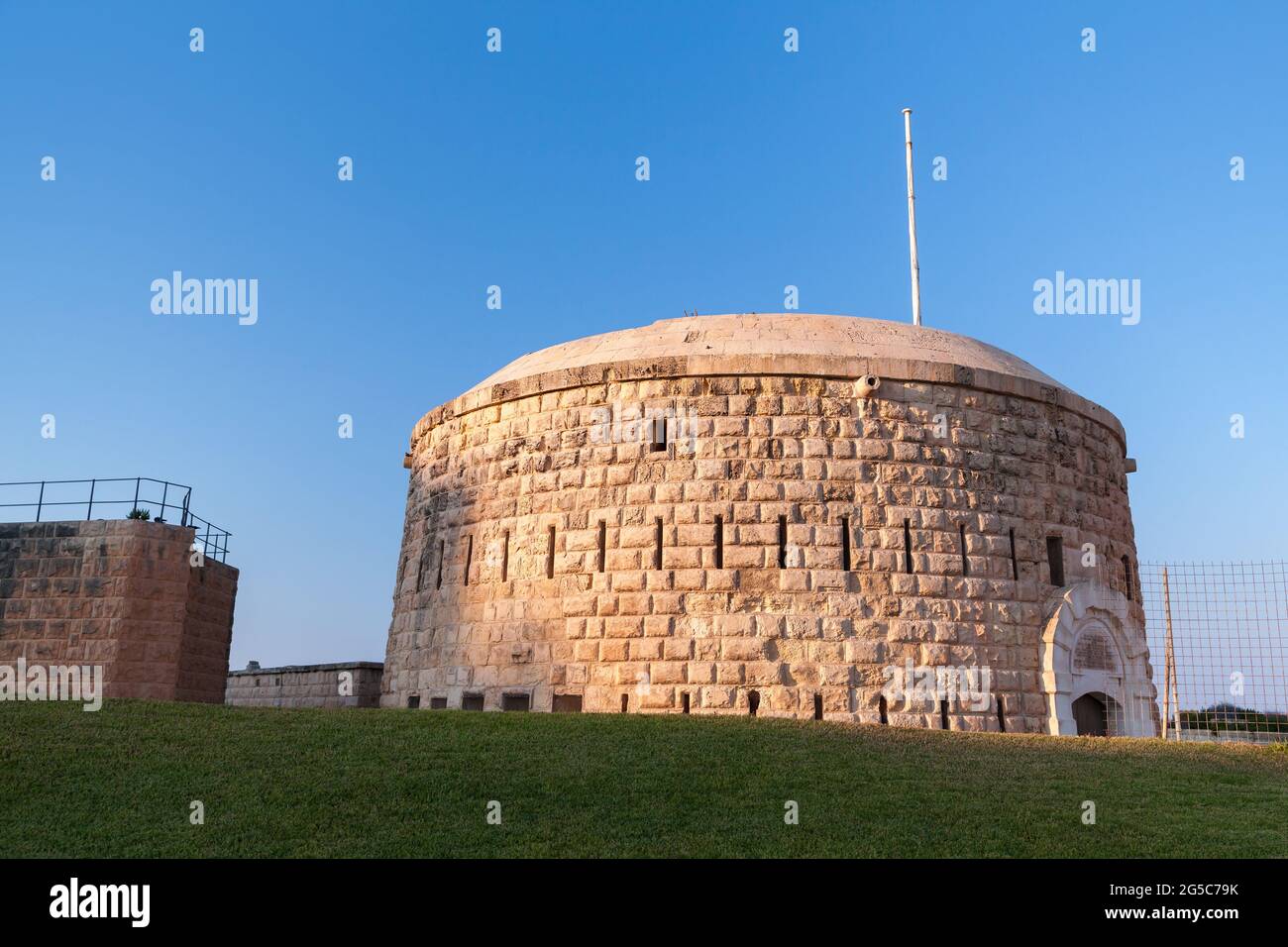 Round tower of the Fort Tigne. It is a polygonal fort in Tigne Point ...