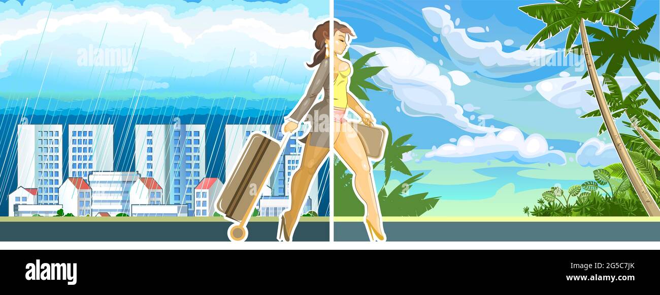 Pretty girl goes on vacation. Moving from a rainy city to a warm ...