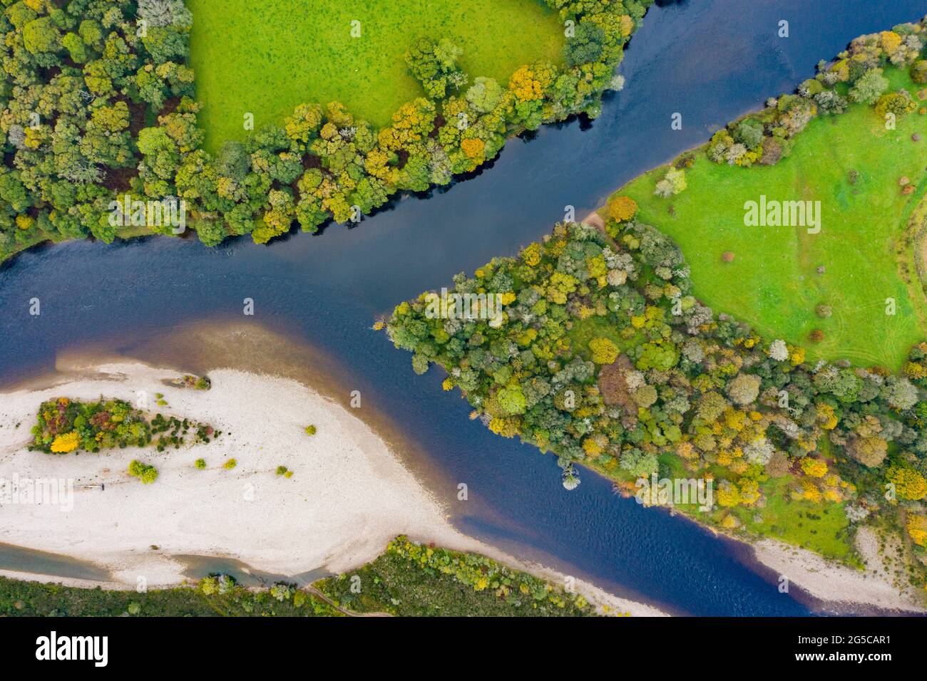 Autumn view of confluence of River Tay and River Tummel at Ballinluig ...