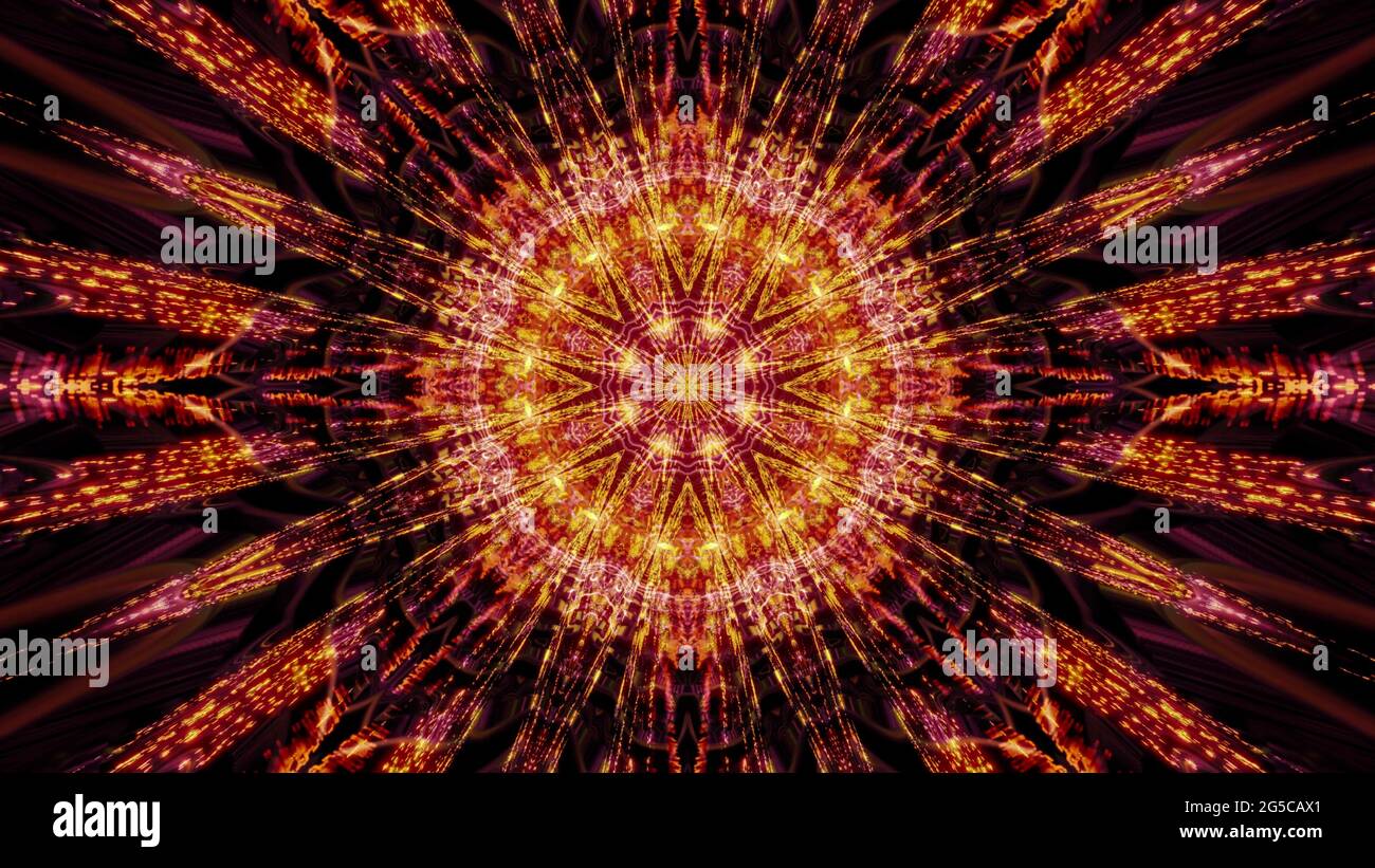 Vibrant kaleidoscopic illustration in bright red, yellow, and black ...