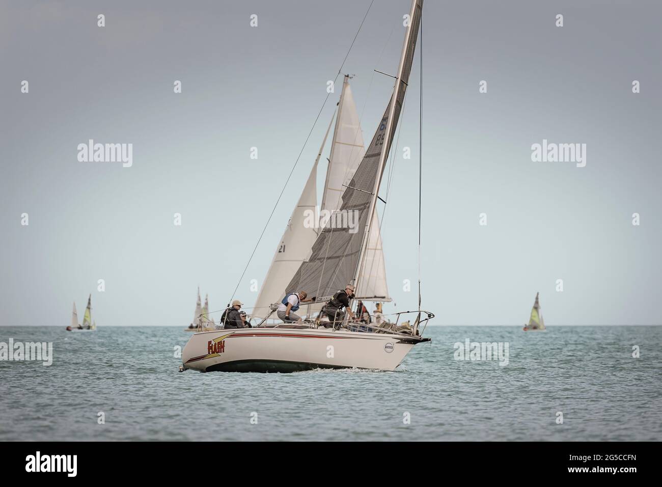 Sailing together. Group of sailboats sails during sail club regatta ...