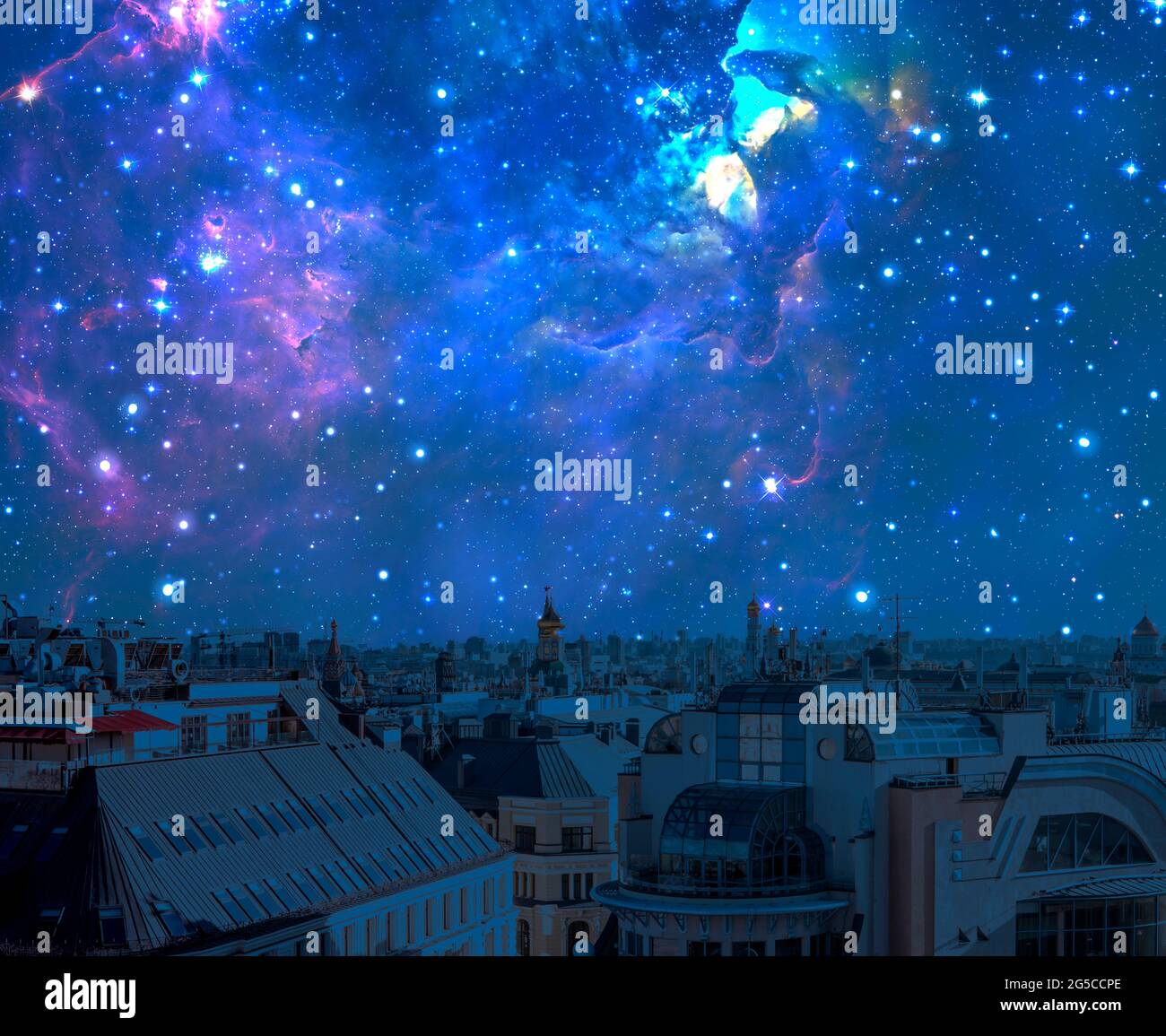 night sky with many stars over urban city landscape Stock Photo - Alamy