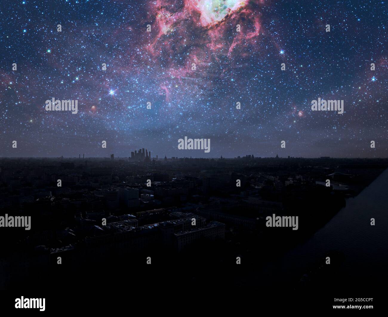 night sky with many stars over urban city landscape Stock Photo - Alamy
