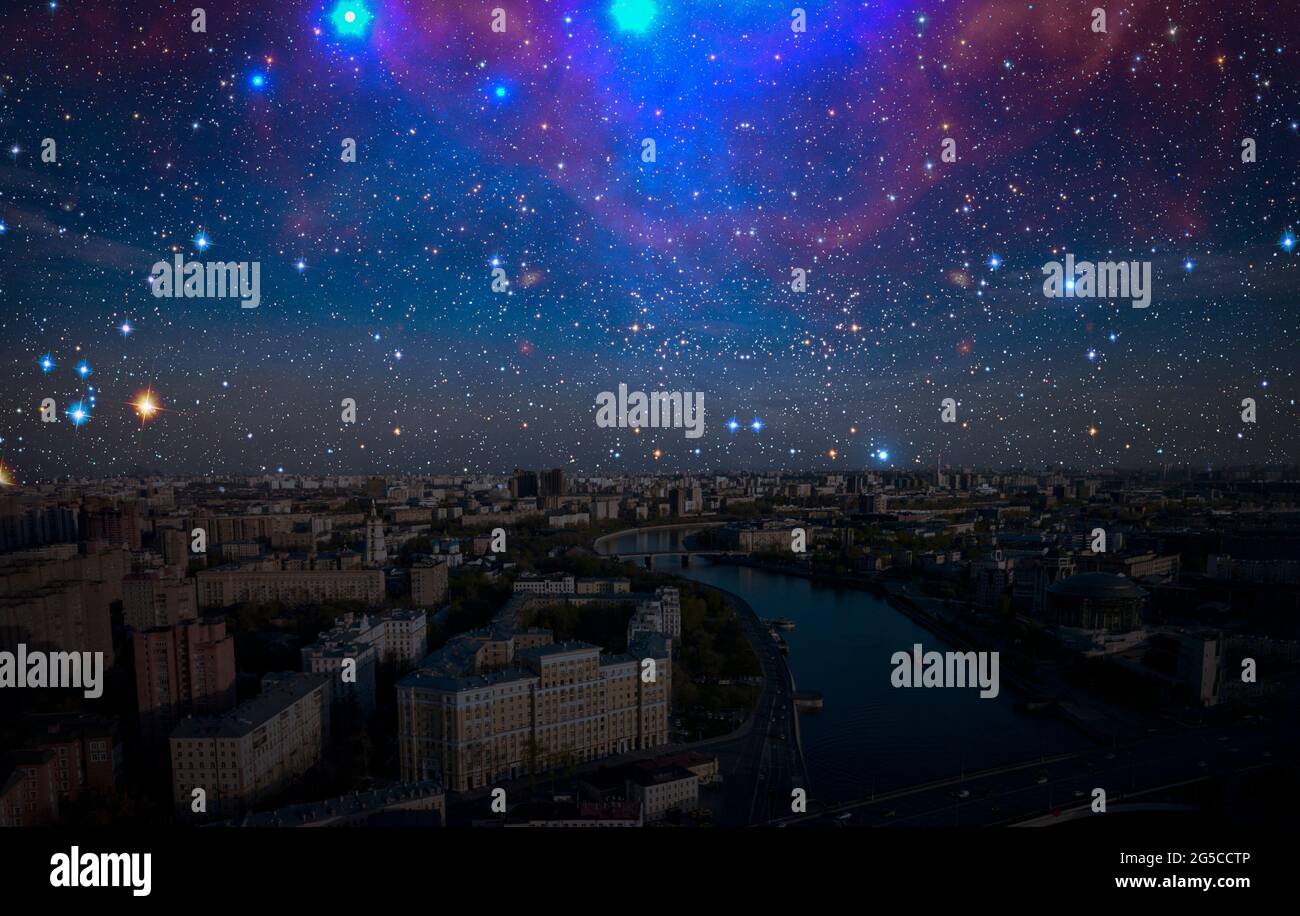 night sky with many stars over urban city landscape Stock Photo - Alamy