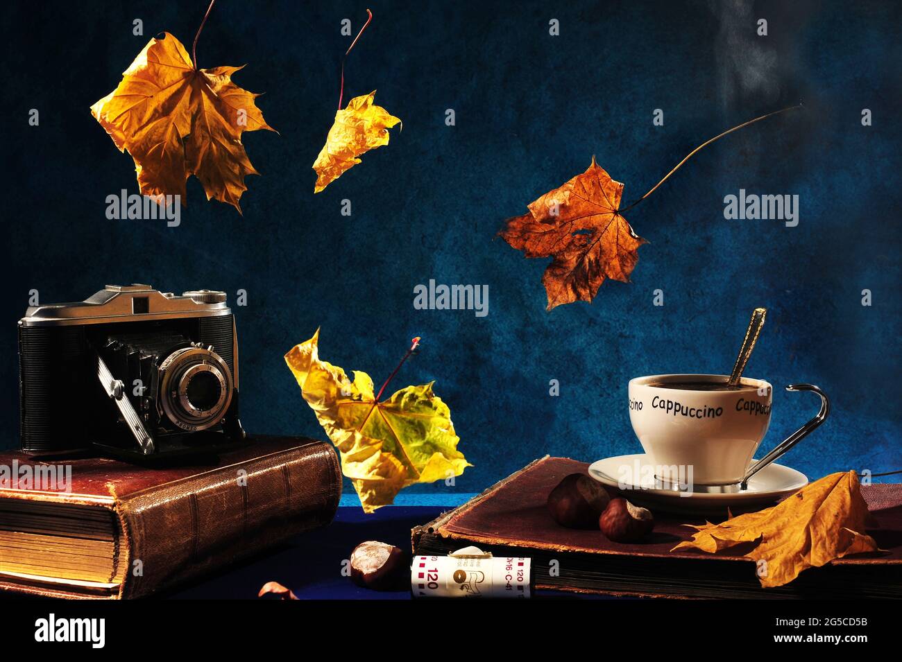 Falling leaves over a beautiful vintage setting on a dark blue ...