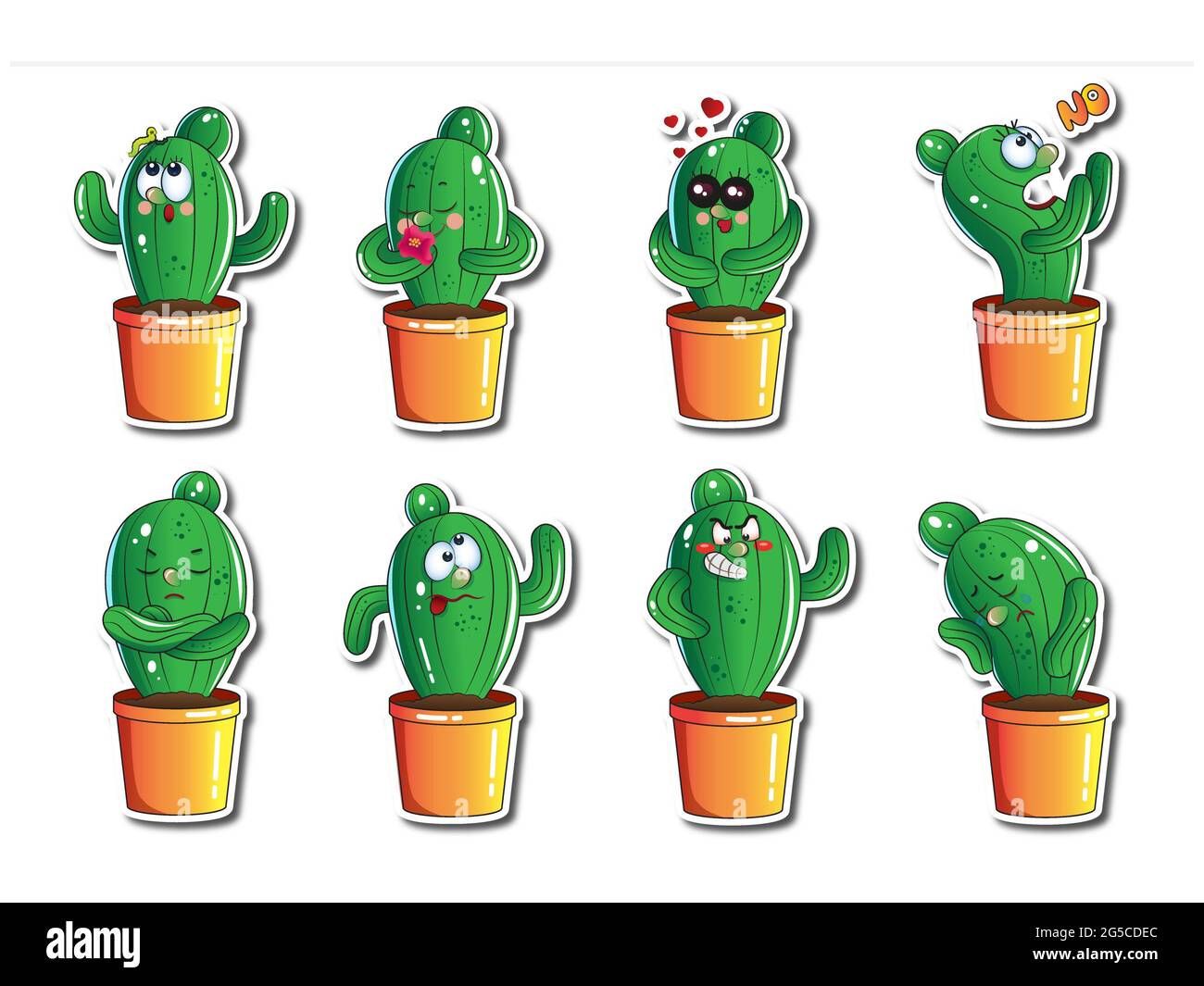 Funny illustration of a set of cactus characters in pots with different ...