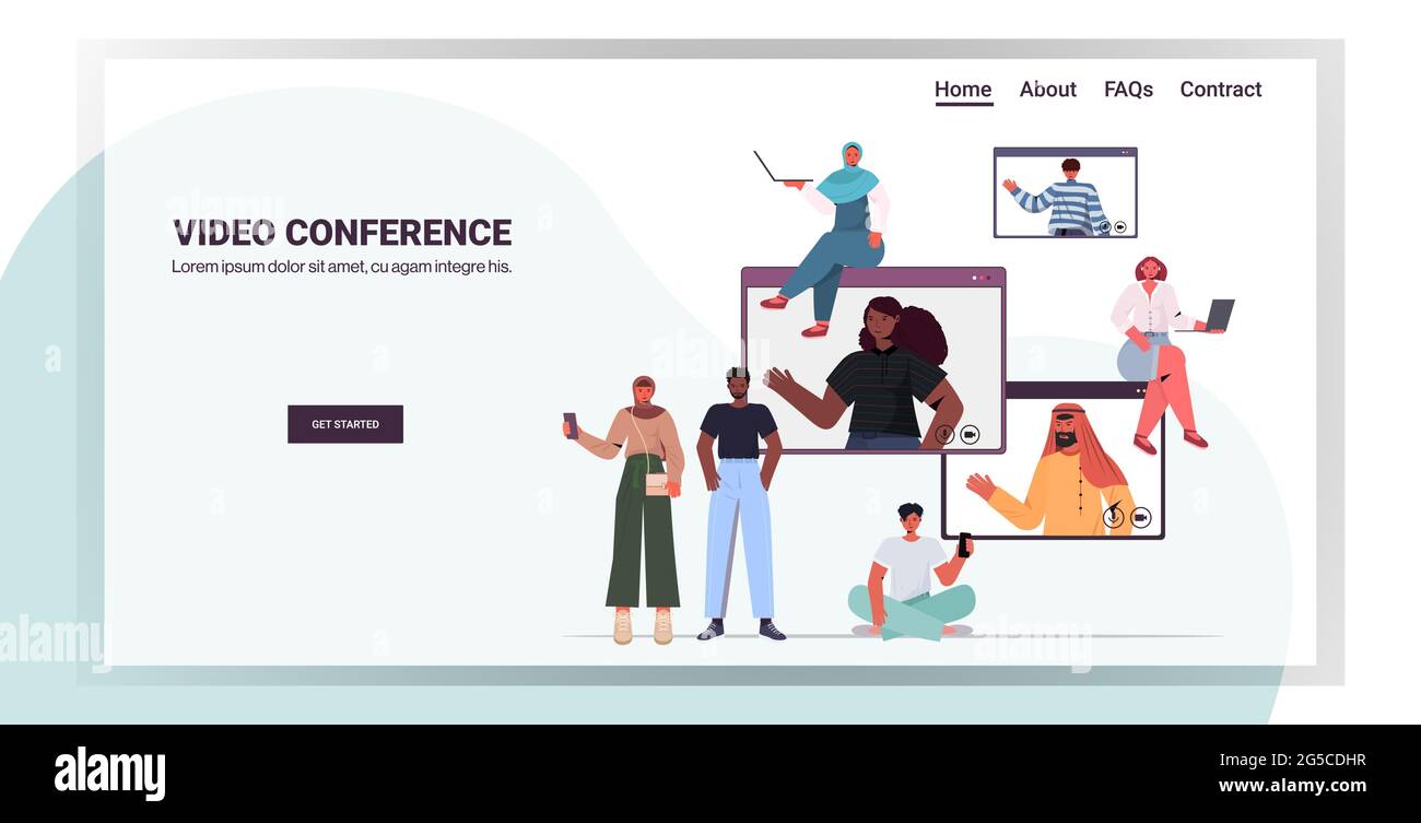 mix race people chatting during video call with friends in web browser ...