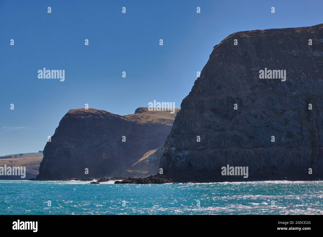 Dramatic tree covered cliffs rise up out of the sea on the east coast ...