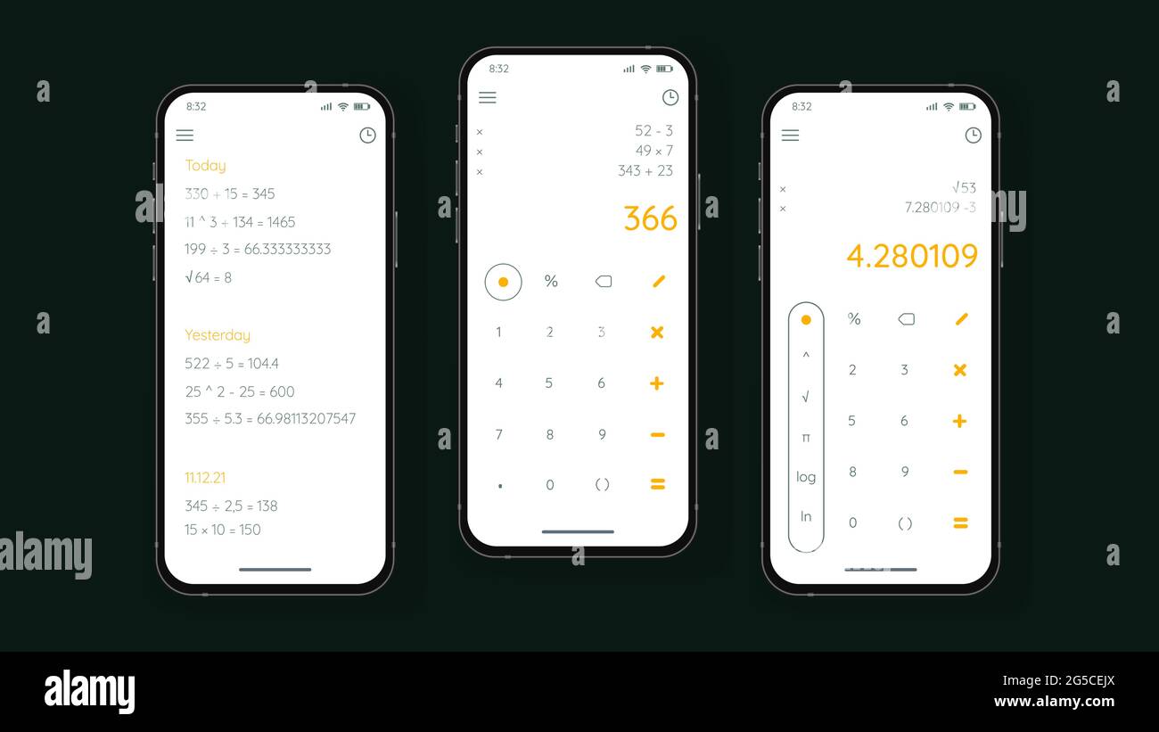 Calculator App Light User Interface. Set of three Smartphone Screens ...
