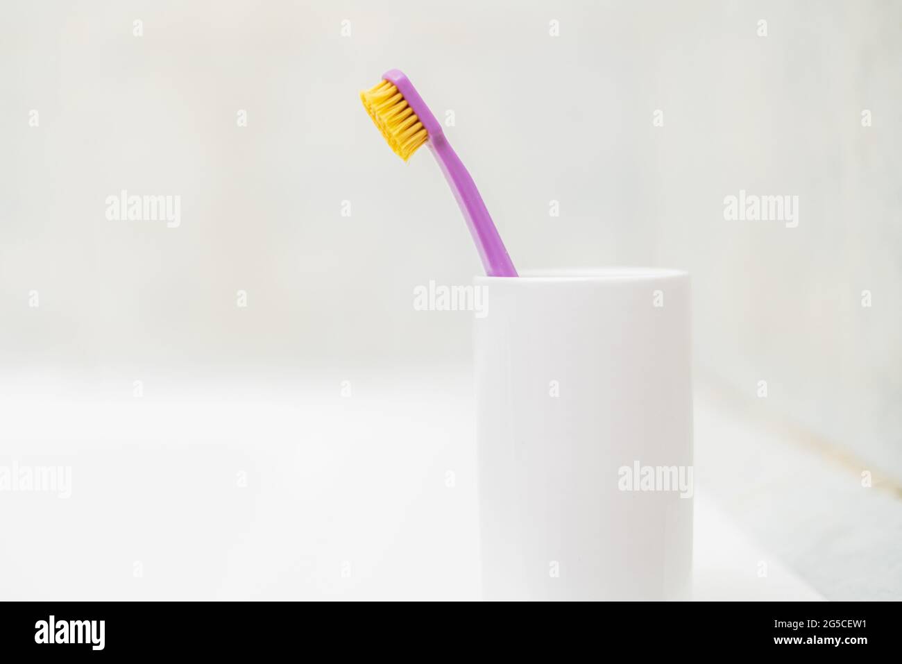 a single simple toothbrush in a glass in bathroom Stock Photo - Alamy