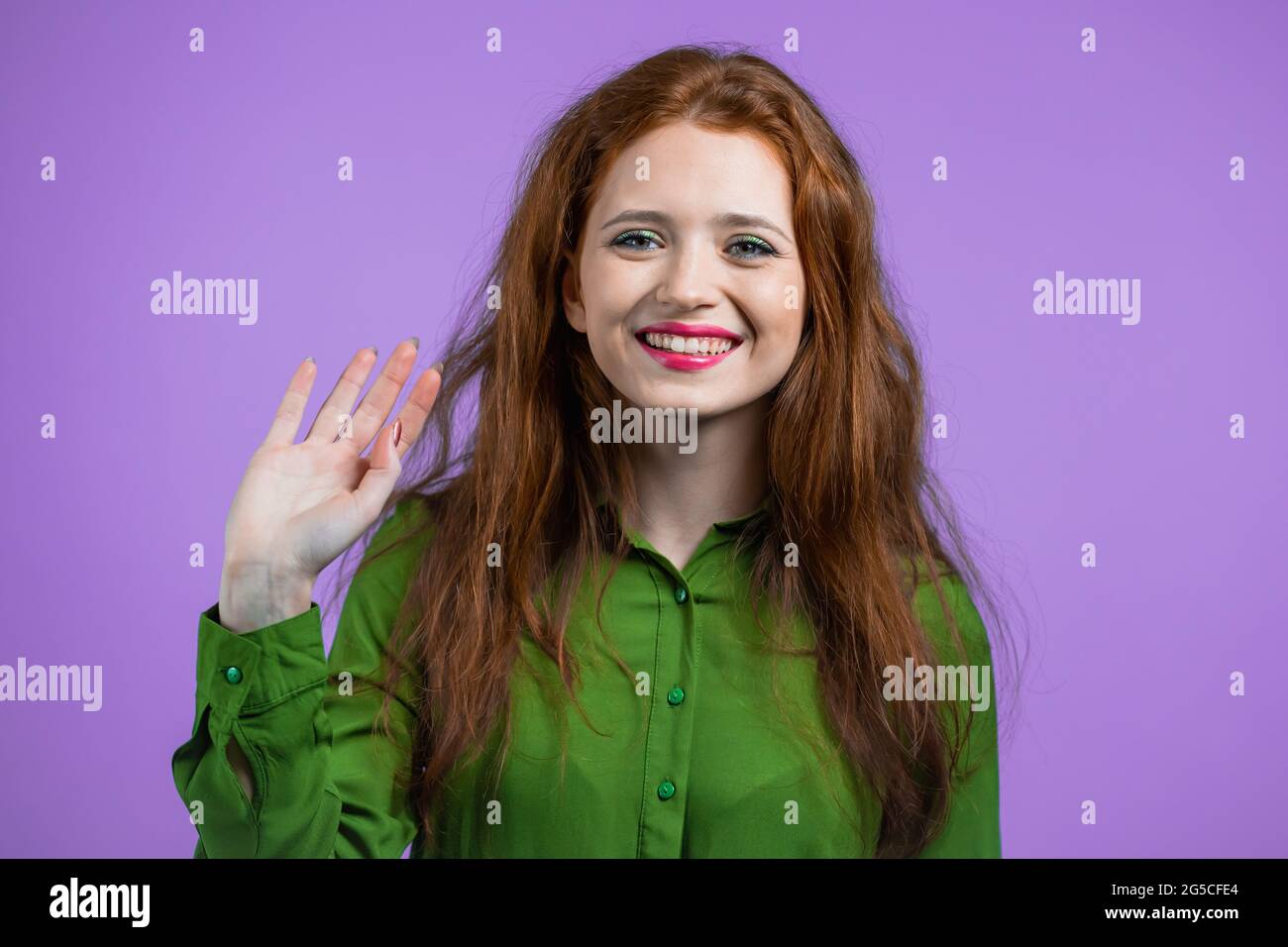 Friendly woman waving hand - hello, or goodbye, chao, adios. Parting ...