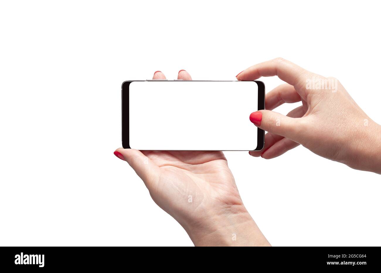 Smartphone horizontal in a female hand, bezel-less modern design ...