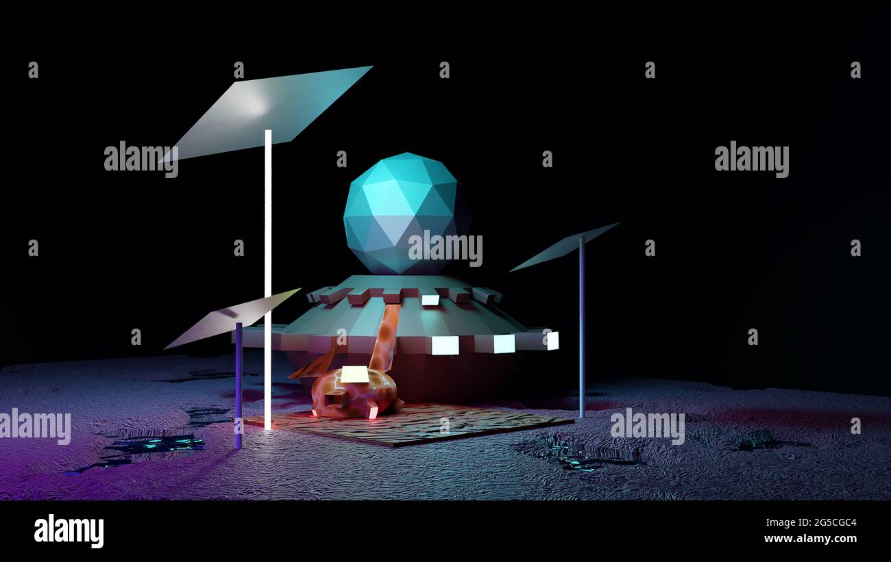 3D rendering of an alien base camp on a desert in another earth lighted ...