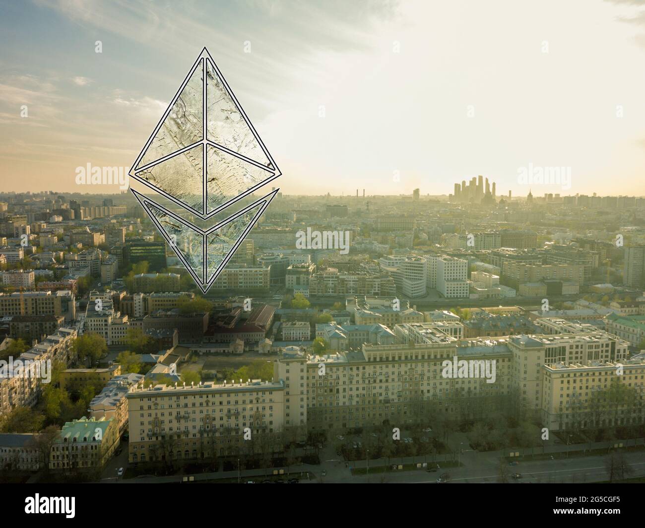 city panorama with crypto currency symbol on top of it, ethereum icons ...