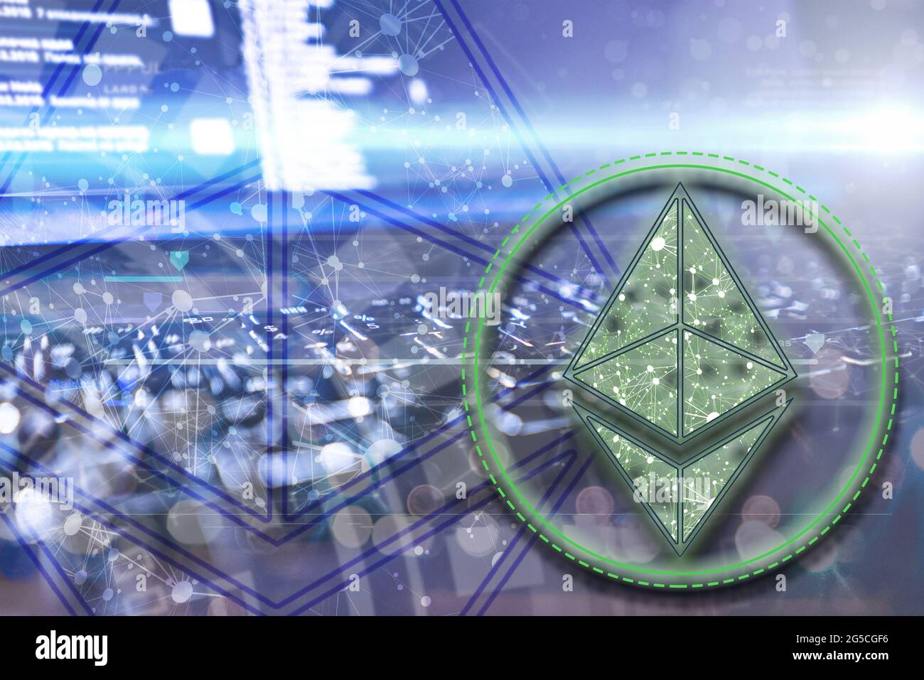 crypto currency etherium symbol while using computer laptop background ...