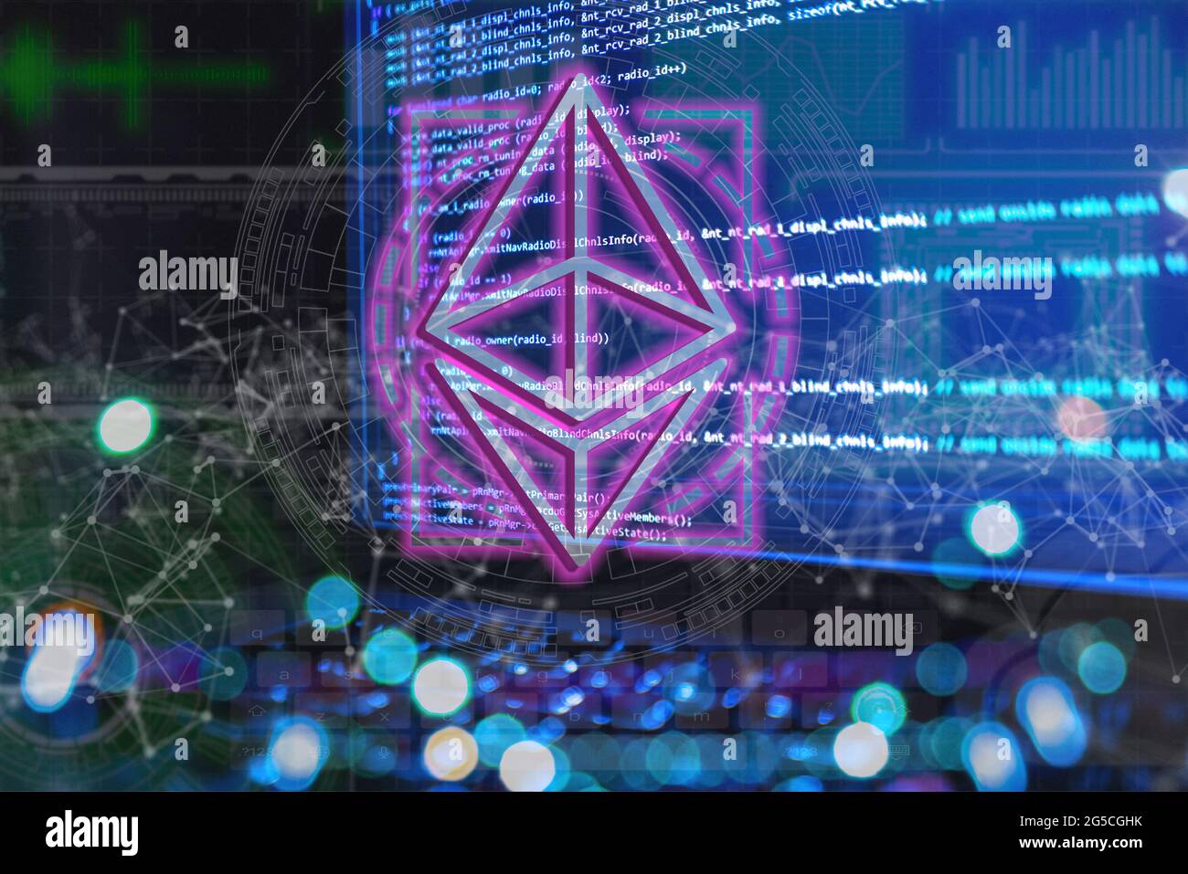 crypto currency etherium symbol while using computer laptop background ...