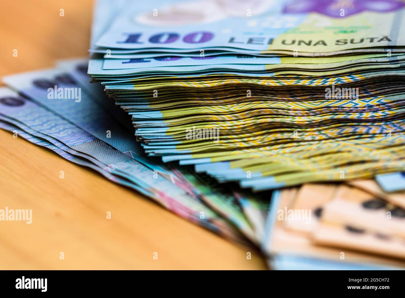 Stack of Romanian LEI banknotes. World money, inflation, and economy ...