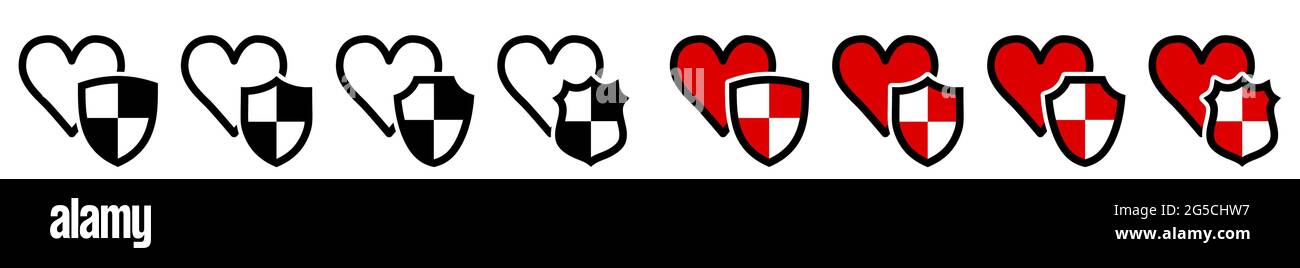 Heart icon behind shield, different versions. Cardio system protection ...
