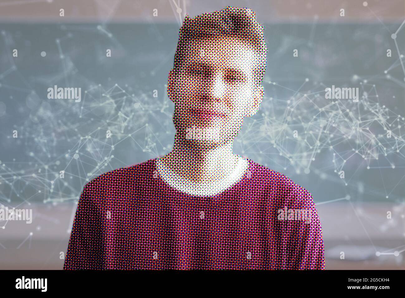 portrait of the young man face made of digital pixels, technology ...