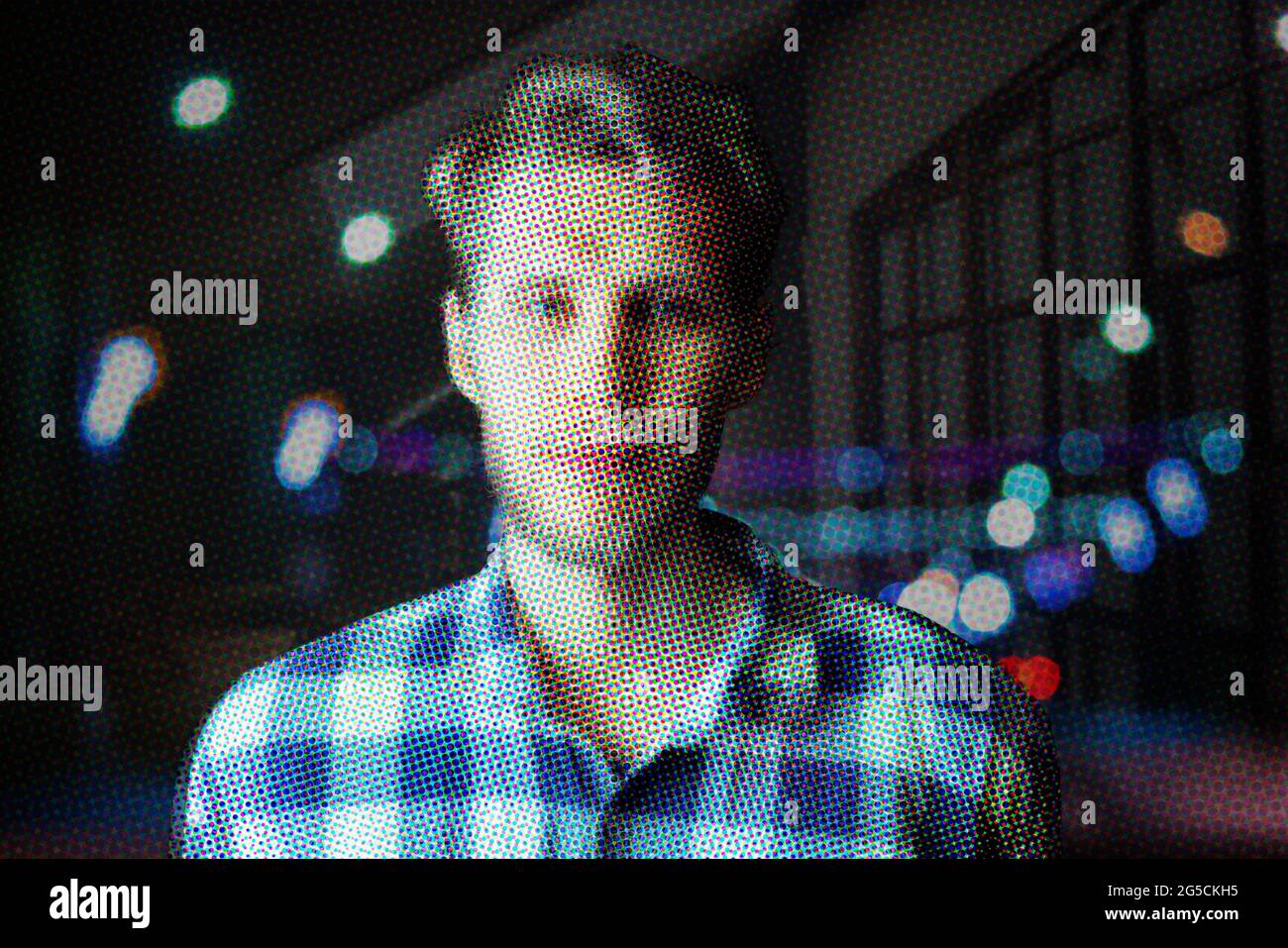 portrait of the young man face made of digital pixels, technology ...