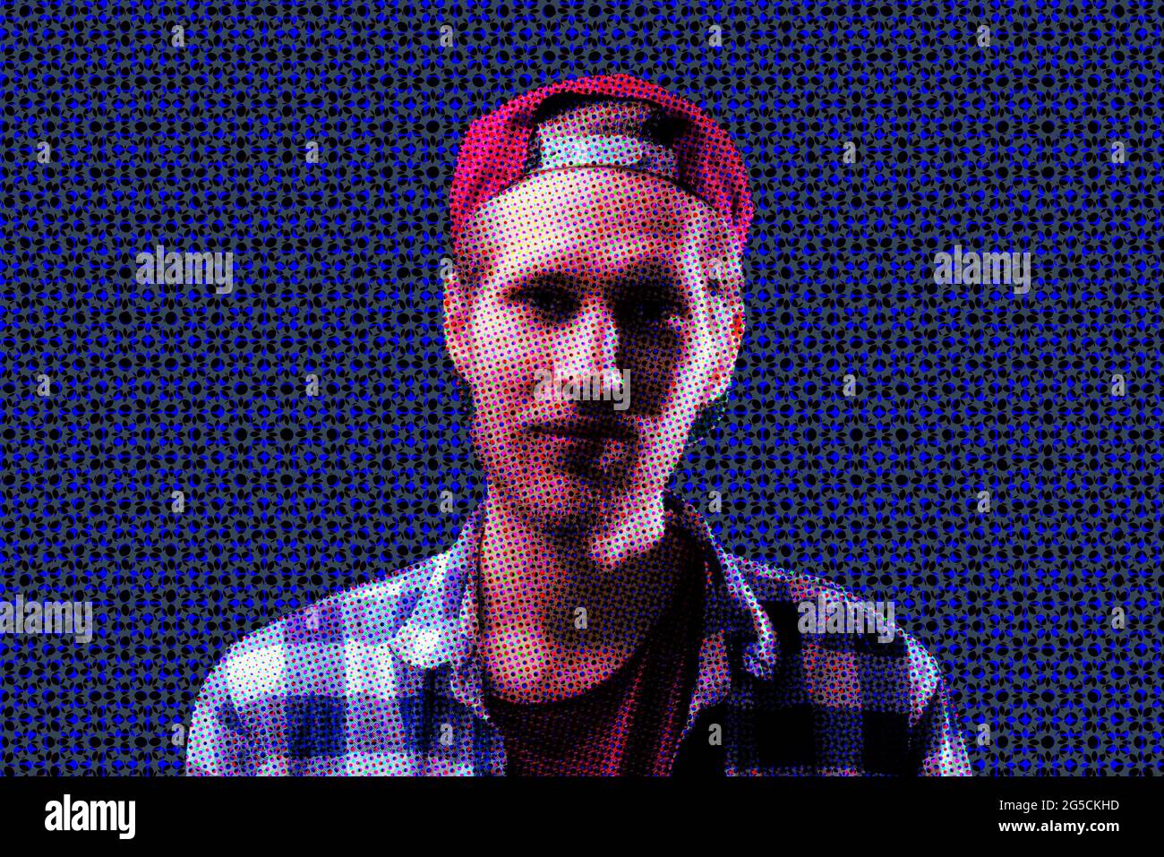 portrait of the young man face made of digital pixels, technology ...