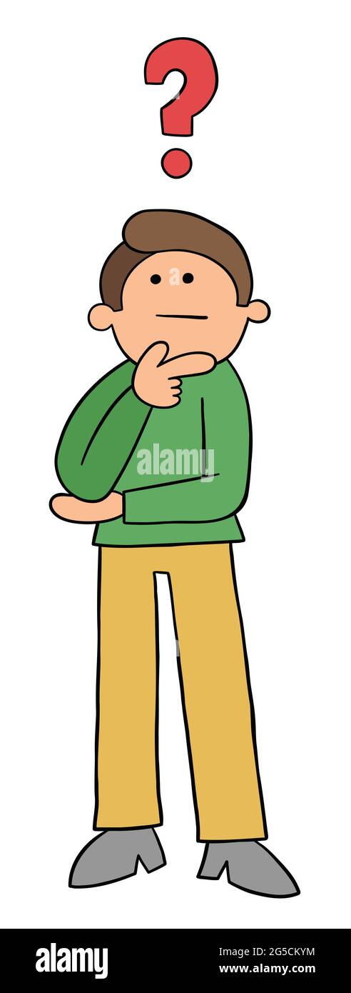 Cartoon standing young man thoughtful, vector illustration. Colored and ...