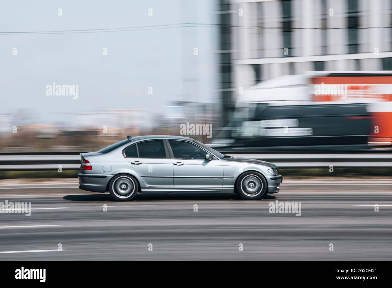 Ukraine, Kyiv - 29 April 2021: Silver BMW 3 series car moving on the ...