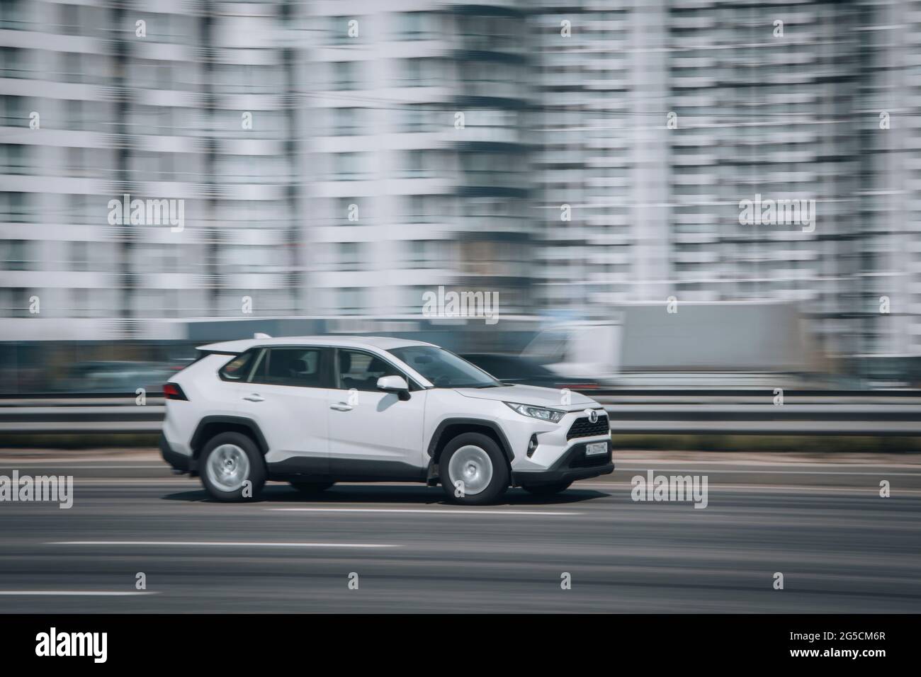 Ukraine, Kyiv - 29 April 2021: White Toyota RAV 4 car moving on the ...