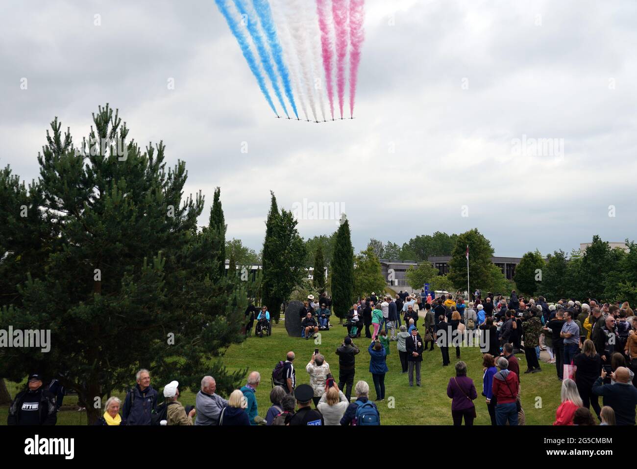 The Red Arrows fly over the National Memorial Arboretum in Alrewas ...